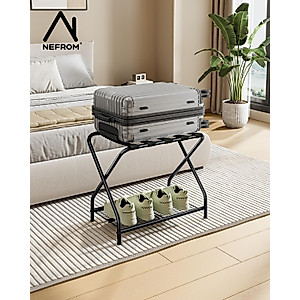 NEFROM Luggage Rack Pack of 2, Foldable Suitcase Stand with Storage Shelf, Metal Luggage Holder for Guest Room, Bedroom, Hotel LR-BK-2