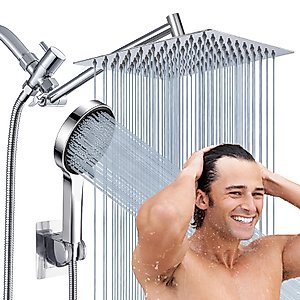 Shower Head,8”Rain Shower Head with Handheld Spray Combo with 11'' Angle Adjustable Extension Arm/Flow Regulator/Shower System,High Pressure Rainfall Shower Head Clean Bathroom,Chrome