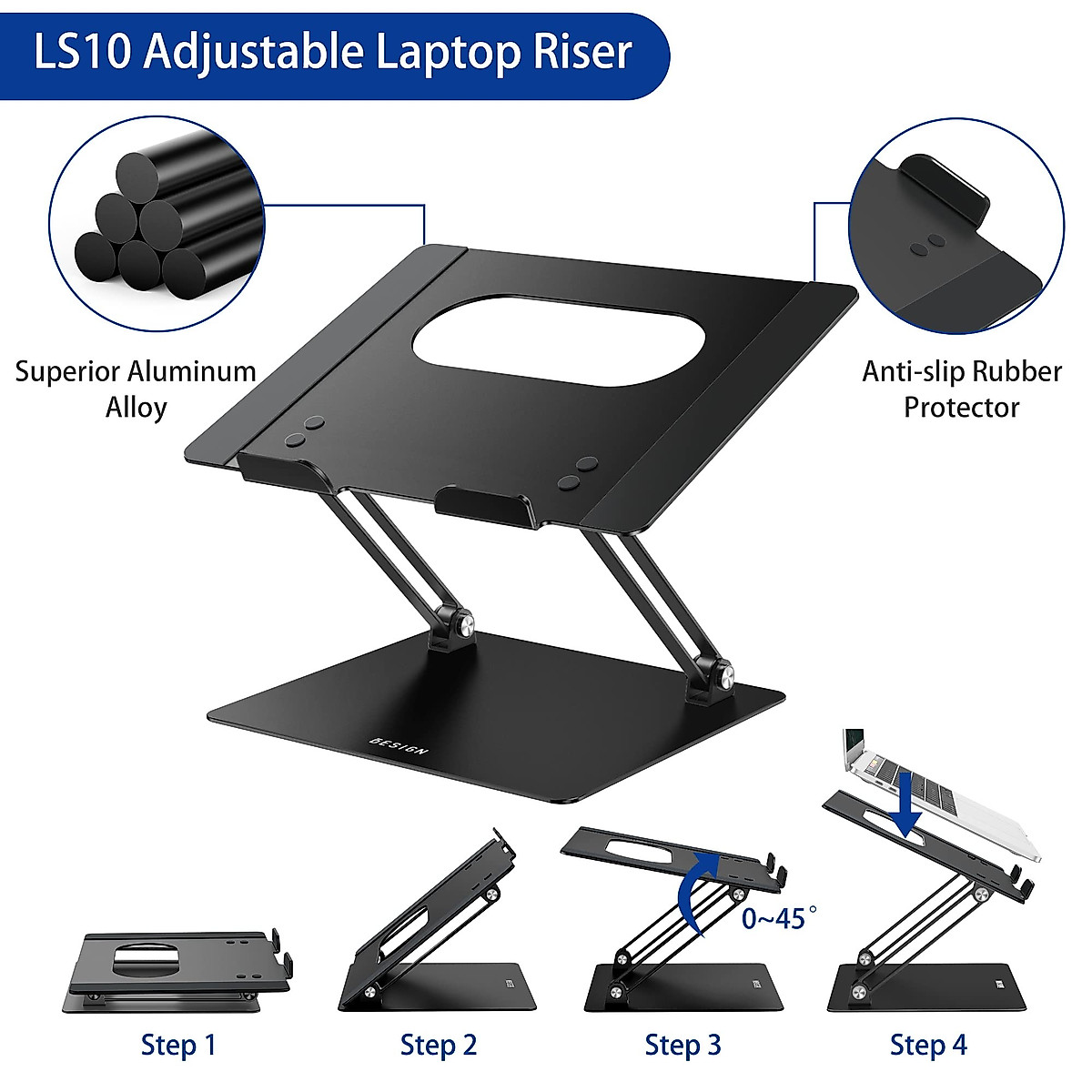 BESIGN LS10 Aluminum Laptop Stand, Ergonomic Adjustable Notebook Stand, Riser Holder Computer Stand Compatible with Air, Pro, Dell, HP, Lenovo More 10-14" Laptops, Black