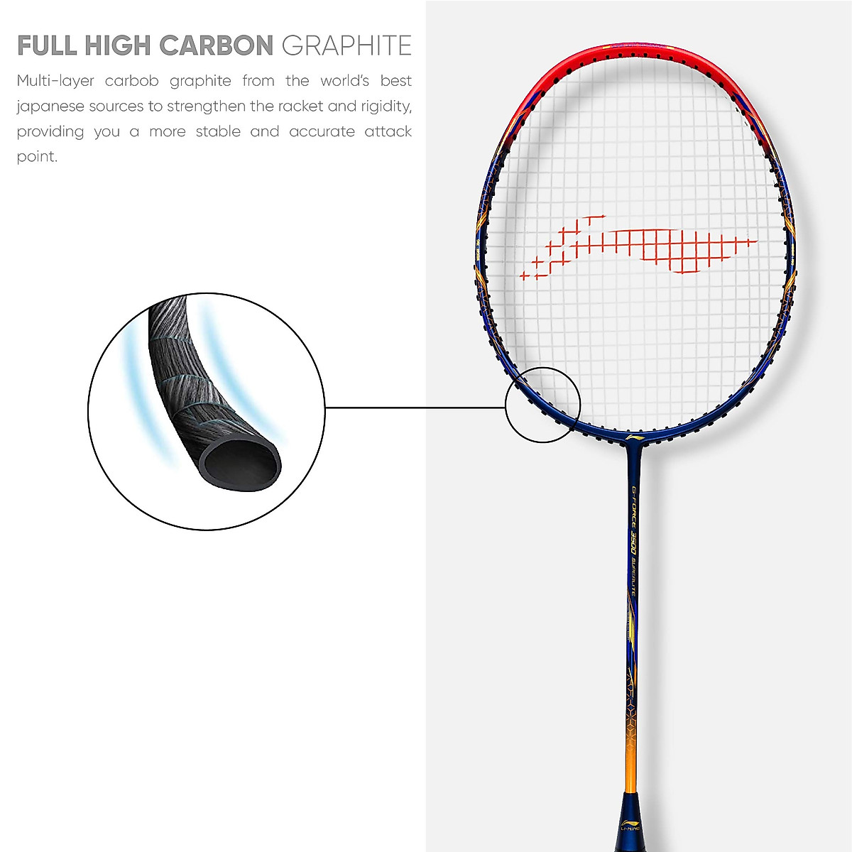 Li-Ning G-Force Superlite 3500 Carbon Fiber Unstrung Badminton Racket with Full Cover (Navy, Red) (AYPQ094-5)