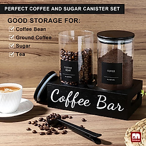 GMISUN Coffee Container, 2Pcs 50oz Black Glass Coffee Bean Storage Canister with Airtight Lids, Coffee and Sugar Jar Set with Scoop/Shelf/Labels, Coffee Containers for Coffee Bar Ground Coffee/Tea