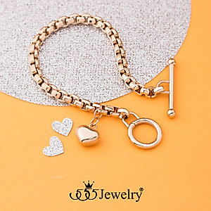 555Jewelry 5mm Stainless Steel Puffed Heart Charm Box Chain Bracelets for Women, T Toggle Clasp ‎Bracelets for Women, Heart Bracelets for Girls, Womens Heart Bracelets, 7 Inch, Rose Gold