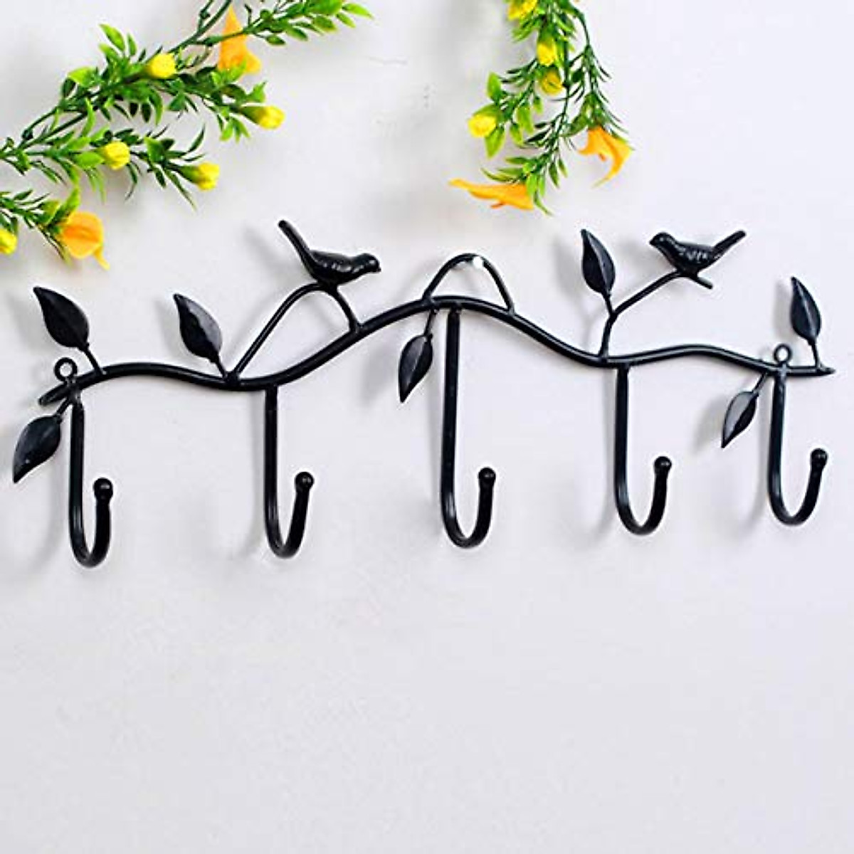 Isabelvictoria Retro 5 Hook Wrought Iron Bird Hook Hook Bird Shape Leaf Wall Dress Robe Hook Key Coat Holder Cap Hanger