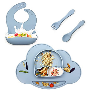 Baby Feeding Set 5 Pack - Toddler Silicone Bibs Suction Divided Plate Placemat Spoon Fork - Baby Led Weaning Feeding Supplies, Baby Eating Training Dishes Utensils (Dusty Blue)