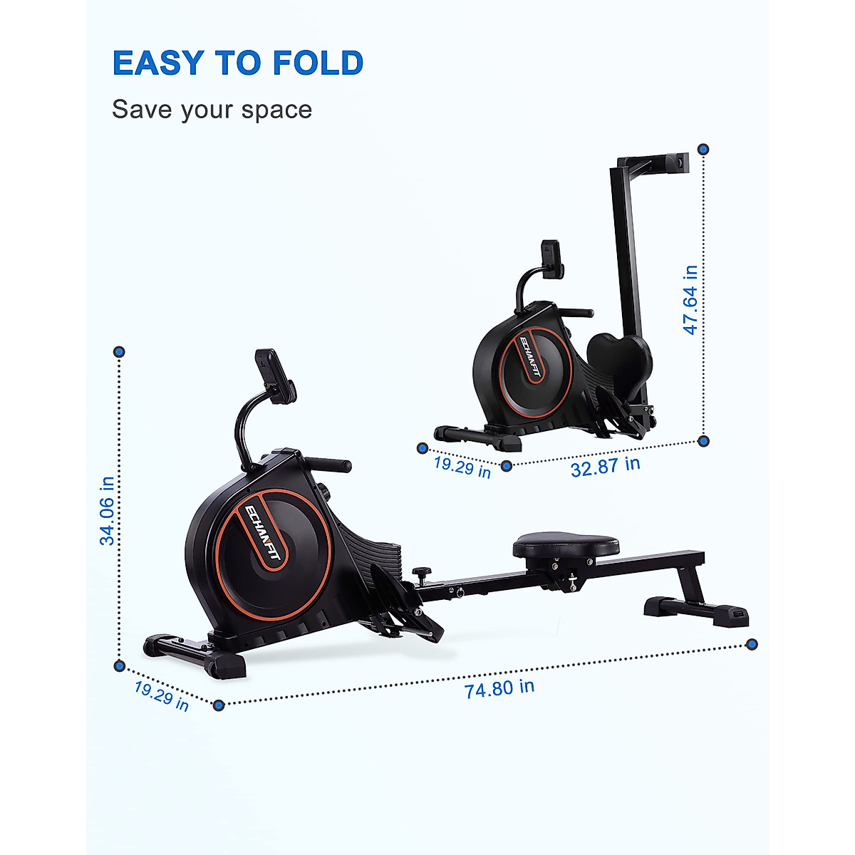 ECHANFIT Rowing Machine Folding Rower with 16 Levels Magnetic Resistance and Adjustable Console Angle for Home Use