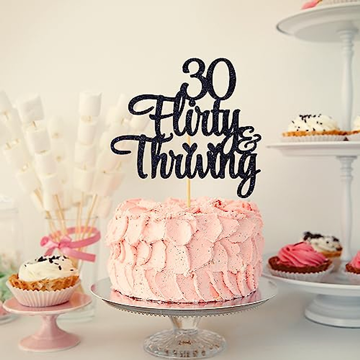30 Flirty & Thriving Cake Topper, Cheers to 30 Years/Dirty 30, Happy 30th Birthday Anniversary Party Decorations Supplies, Black Glitter