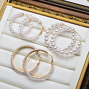 Adoshine Faux Pearl Hoop Earrings for Women Lightweight Open Large Circle Heart Dangle Drop Open Huge Earrings Artificial Pearl Beaded Earrings Brides Jewelry (9 Pairs)