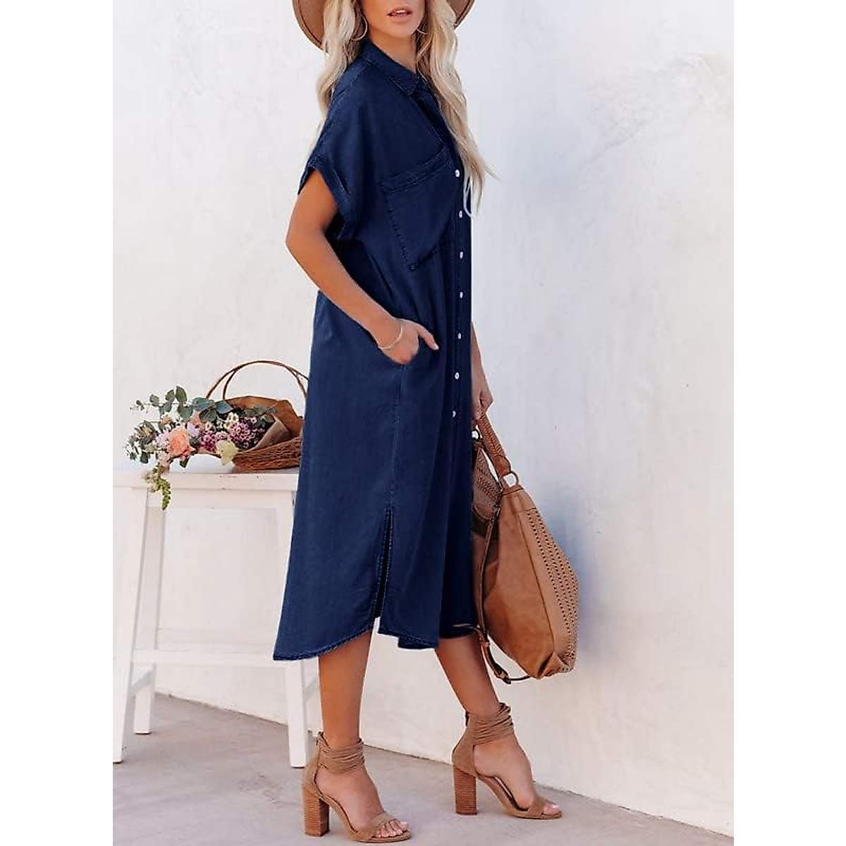 Dokotoo Midi Denim Dress for Women 2024 Button-Down Side Slit Pockets Short Sleeve Solid Color Fashion Spring Summer Dresses Blue X-Large