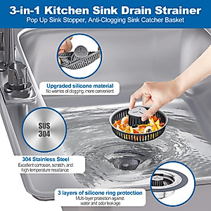 Auspok Upgraded 3 in 1 Kitchen Sink Silicone Drain Strainer Set, 304 stainless steel sink stopper, silicone anti-clogging catcher basket,3-layer leak-proof ring Filter for US standard 3-1/2 inch drain