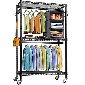 VIPEK V12E Garment Rack Heavy Duty Rolling Clothes Rack with 3 Tiers Adjustable Wire Shelving and Double Rods for Hanging Clothes Freestanding Wardrobe Storage Organzier Metal Clothing Rack, Black