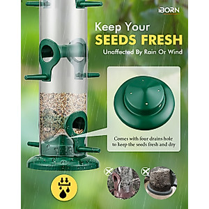 iBorn Metal Bird Feeders 6 Ports Hanging Wild Bird Seed Feeder for Mix Seed Blends, Niger Seed Feeder, Sunflower Heart, Birdbath, Heavy Duty All Metal Green Finishing 14 Inch 6Port