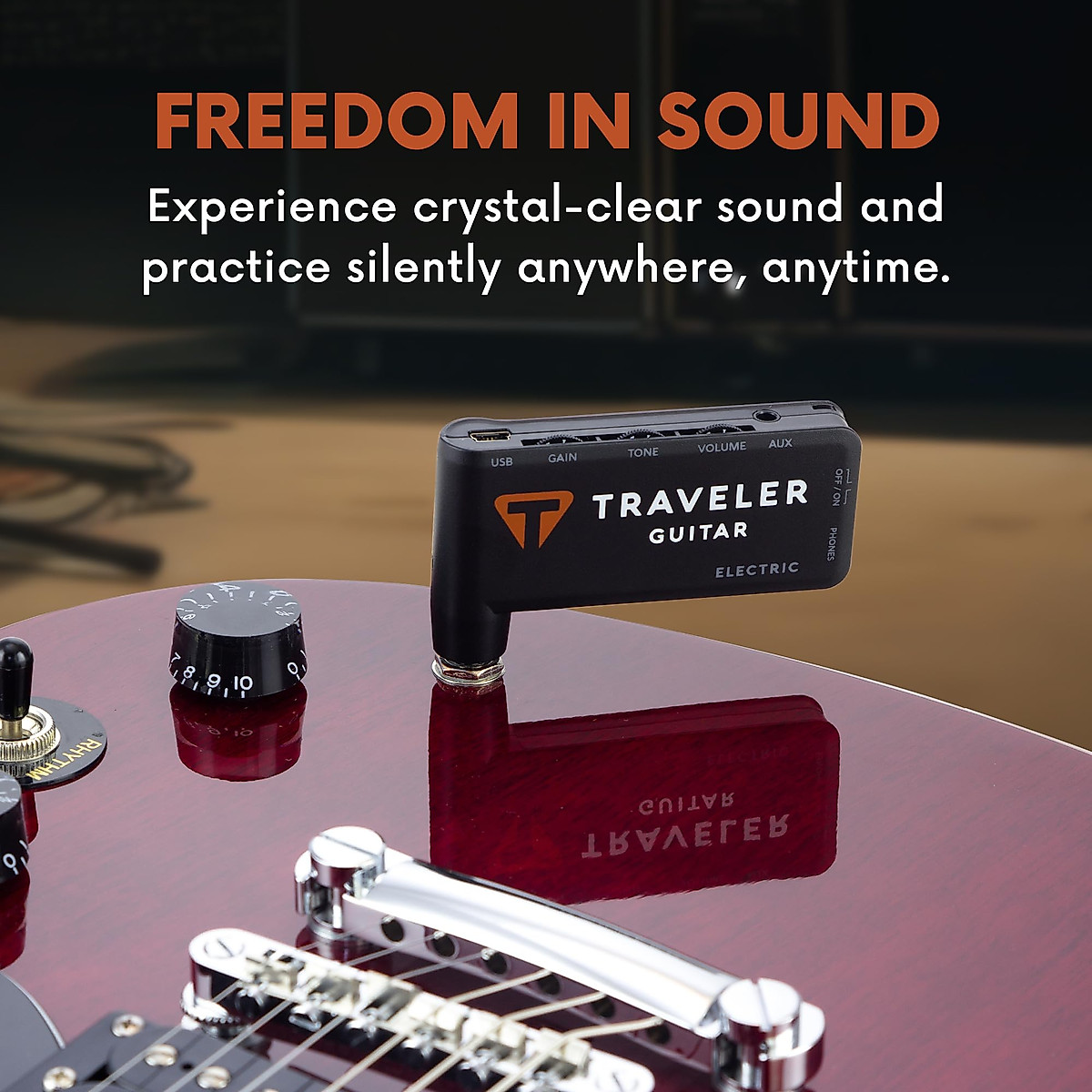 Traveler Guitar TGA-1E Electric Guitar Headphone Amplifier | Guitar Headphone Amp with 1/8" Headphone Jack and 1/8" Aux-in for Backing Tracks | Portable Guitar Amp with Gain, Tone and Volume Controls