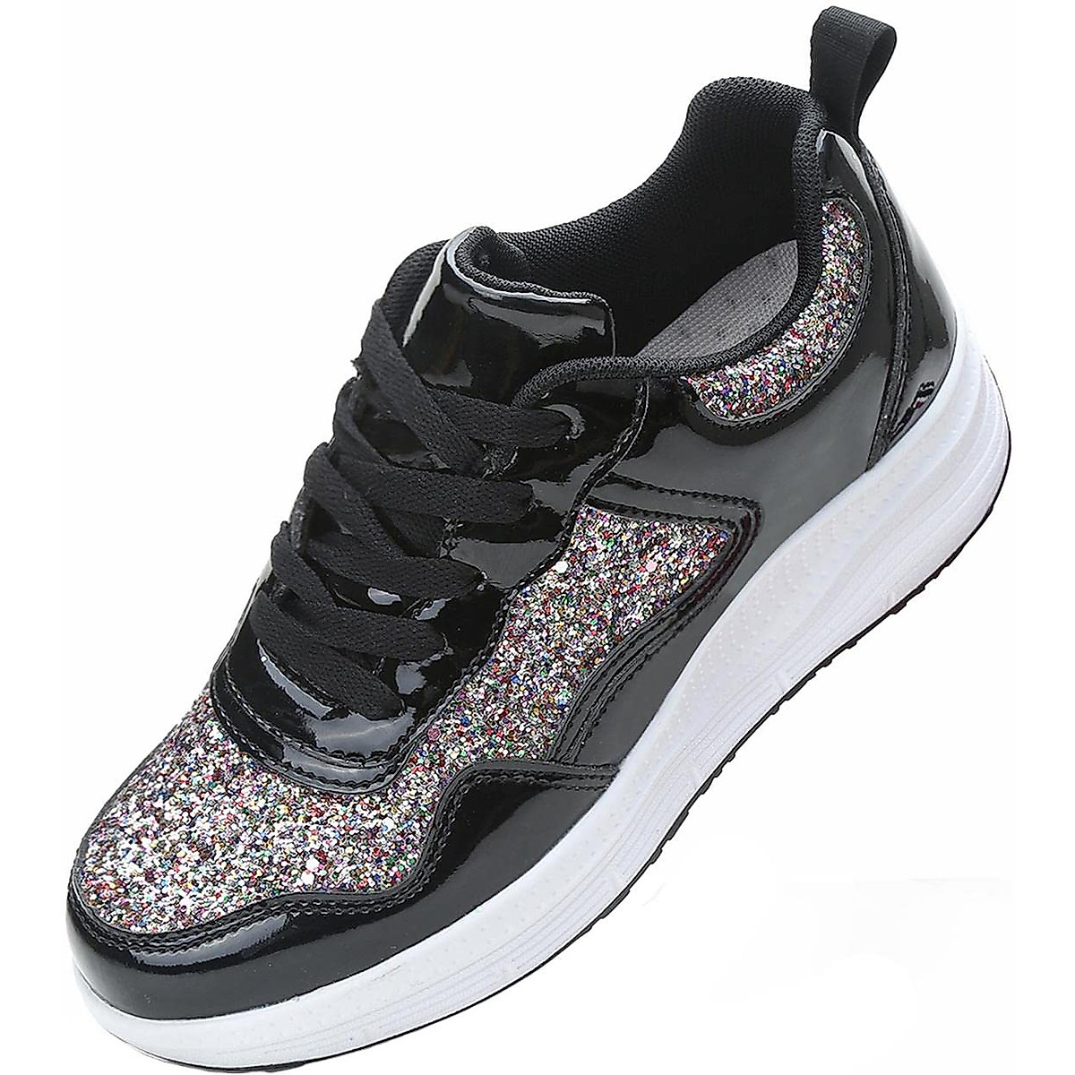 PPXID Women's Platform Sequins Fashion Sneakers Walking Shoes Lightweight Non Slip Running Shoes-Black 7.5 US Size