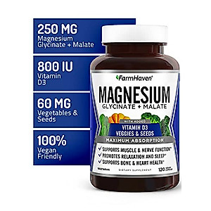 FarmHaven Magnesium Glycinate & Malate Complex w/Vitamin D3, 100% Chelated for Max Absorption, Vegan – Bone Health, Nerves, Muscles, 120 Capsules, 60 Days