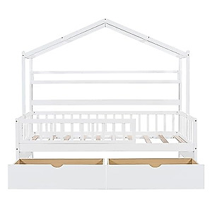 Aiuyesuo Twin Size House Bed with 2 Drawers, Wooden Kids Bed Frame with Storage Shelf, Montessori Playhouse Bed with Roof and Fence for Boys Girls, Space-Saving (White-K11)