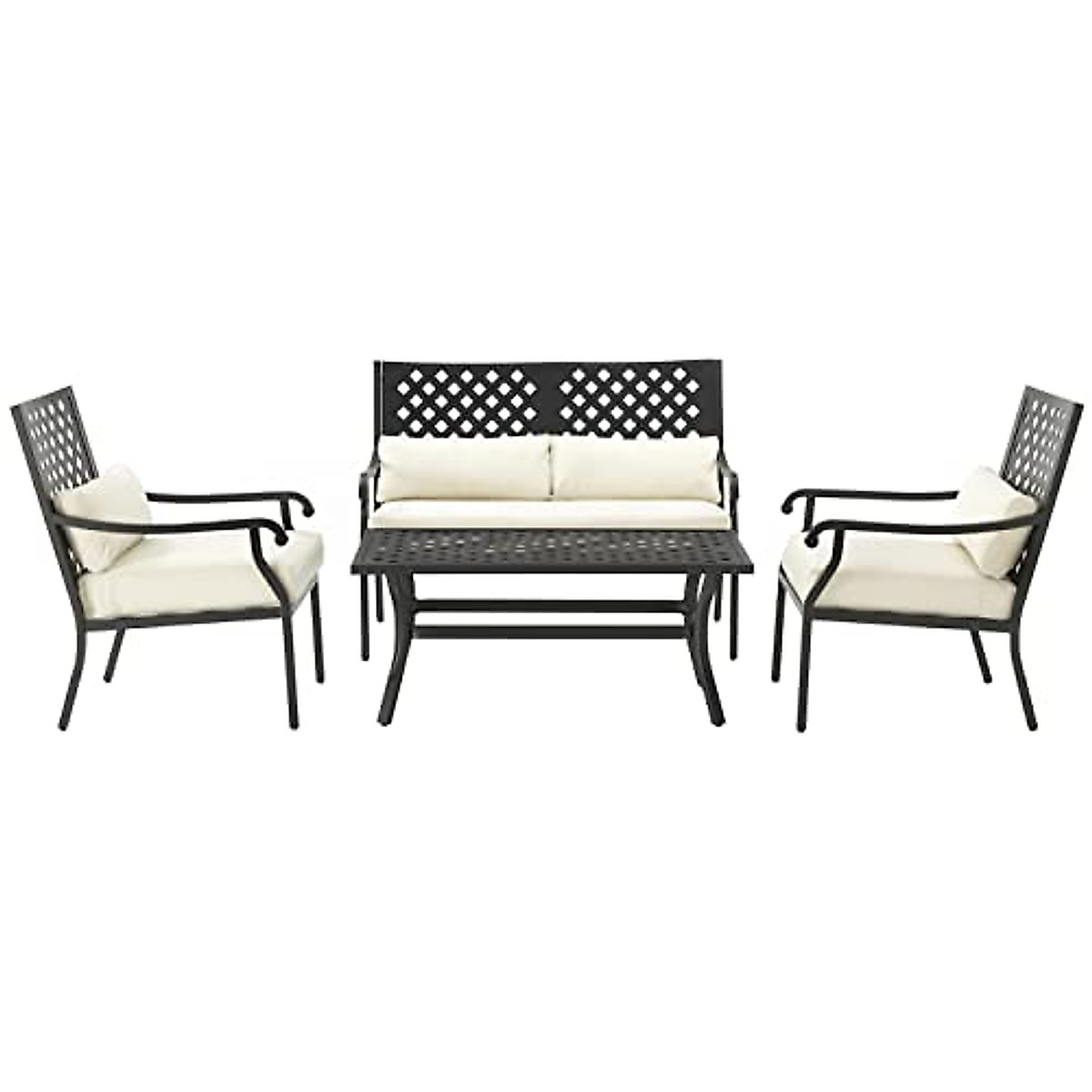 Crosley Furniture Alistair 4-Piece Outdoor Loveseat Patio Furniture Set, Conversation Sets for Porch, Deck, Matte Black with Creme Cushions