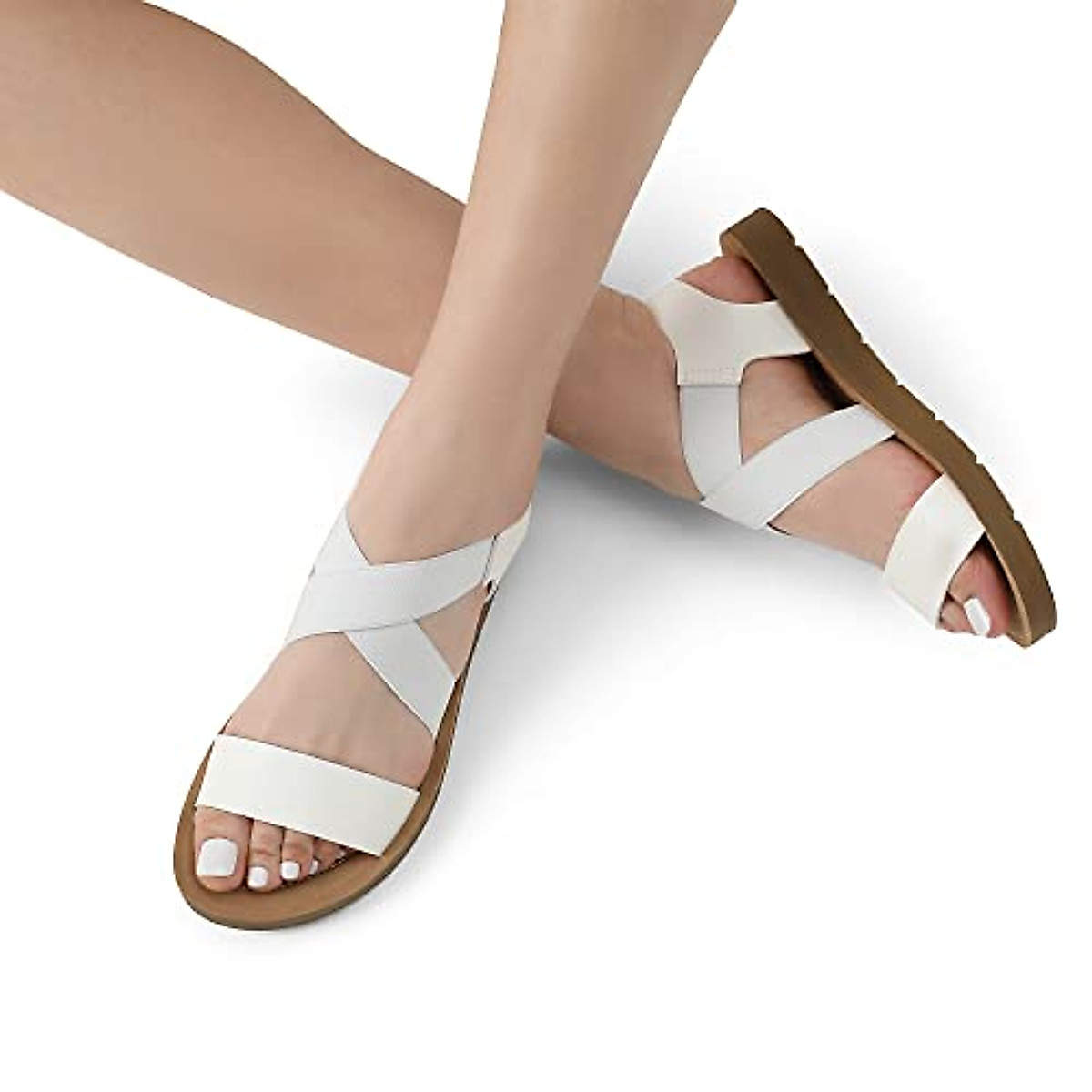 DREAM PAIRS Womens Open Toe Elastic Ankle Strap Flat Summer Sandal, White-2-9.5 (Elena-2)