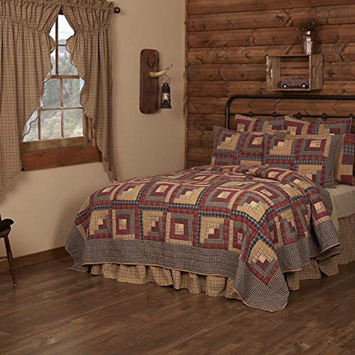 VHC Brands Millsboro Queen Quilt 94Wx94L Log Cabin Country Rustic Lodge Design, Burgundy