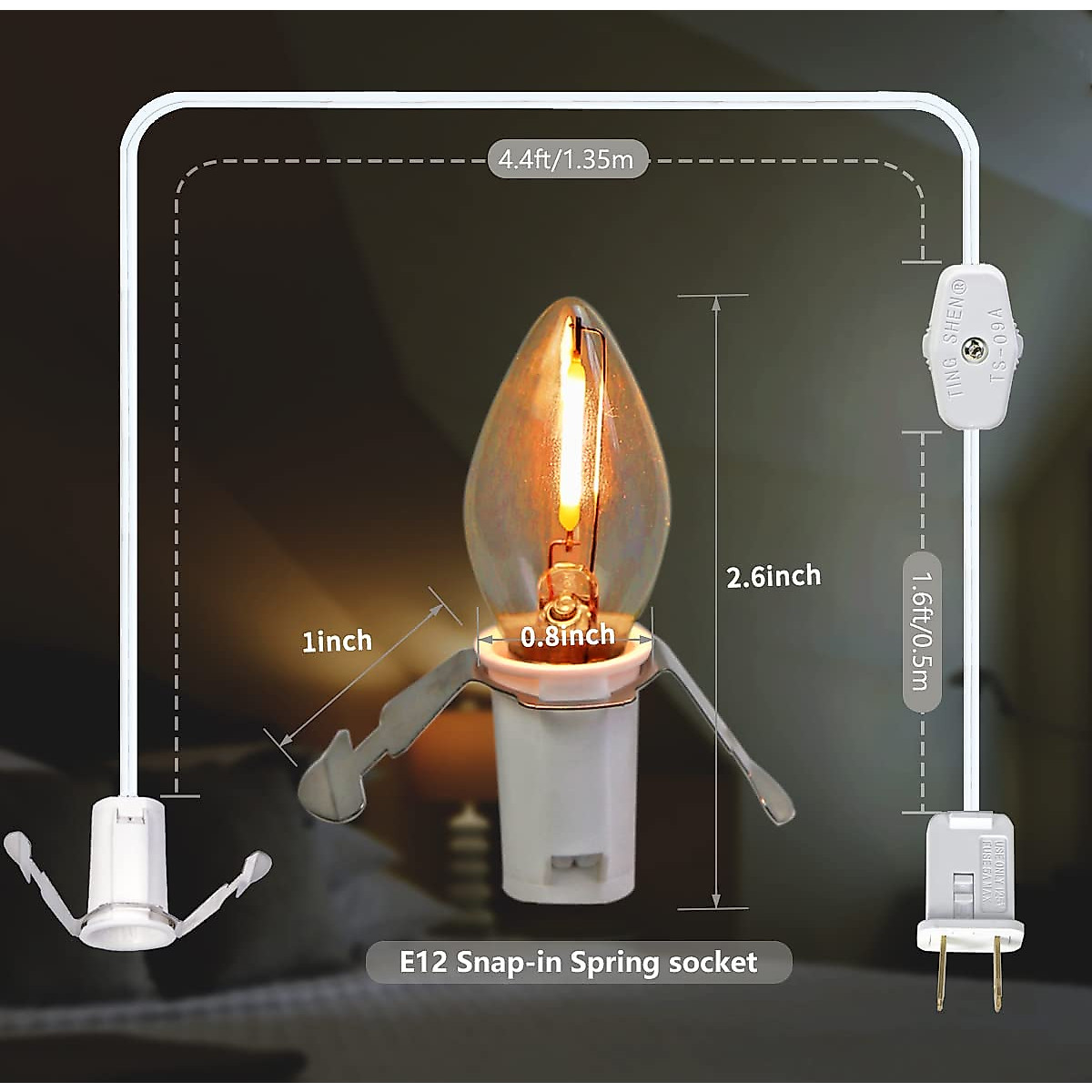 MEILUX Accessory Cord with LED Night Lights - White Cord with On/Off Switch, Warm White C7 Bulbs and Spare Fuse for Holiday and Home Decoration