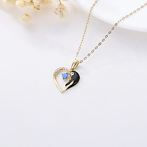 WSX 14k Gold Penguin Love Necklace October Birthstone Blue Opal Round CZ Heart Pendant Birthday Gift for Women Girlfriend Daughter