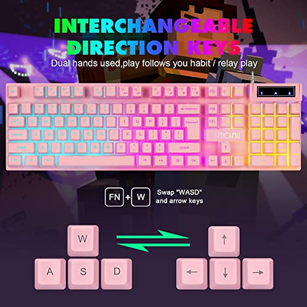 Pink Keyboard and Mouse Gaming Setup USB Wired Kawaii Combo Multi Color RGB Backlit Non-Conflict Brown Mechanical Switch Feel 4200DPI Mice for PC Game Host PS4 PS5 Computer