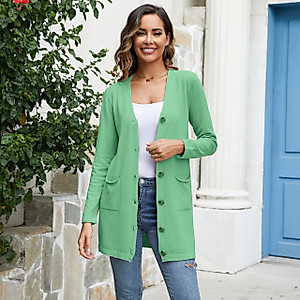 Women's Open Front V-Neck Soft Knit Cardigan Button Down Long Sleeve Sweater with Pockets Mustard Green