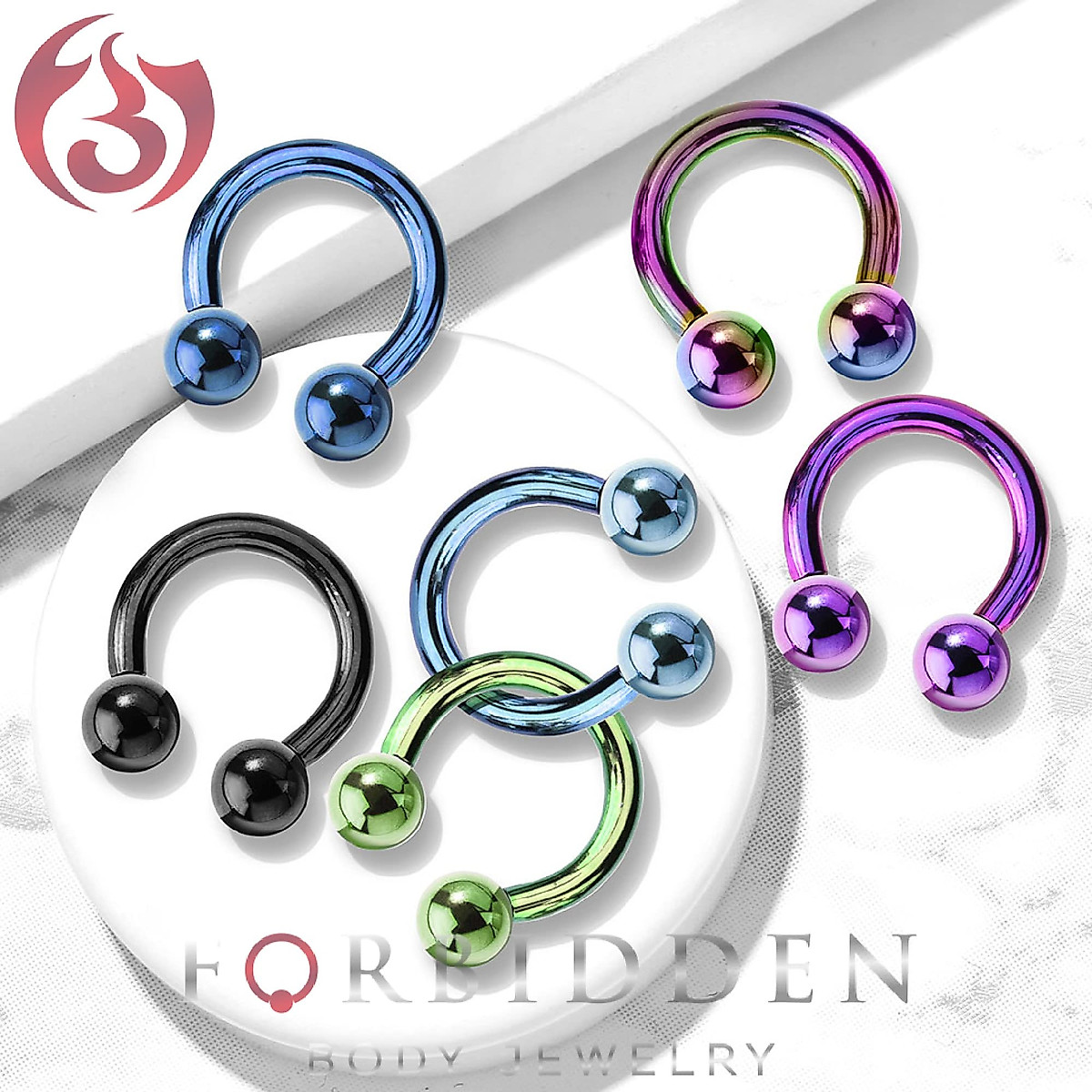 Forbidden Body Jewelry 16g 8mm Horseshoe Piercing Ring, Black IP Plated Surgical Steel, 3mm Balls