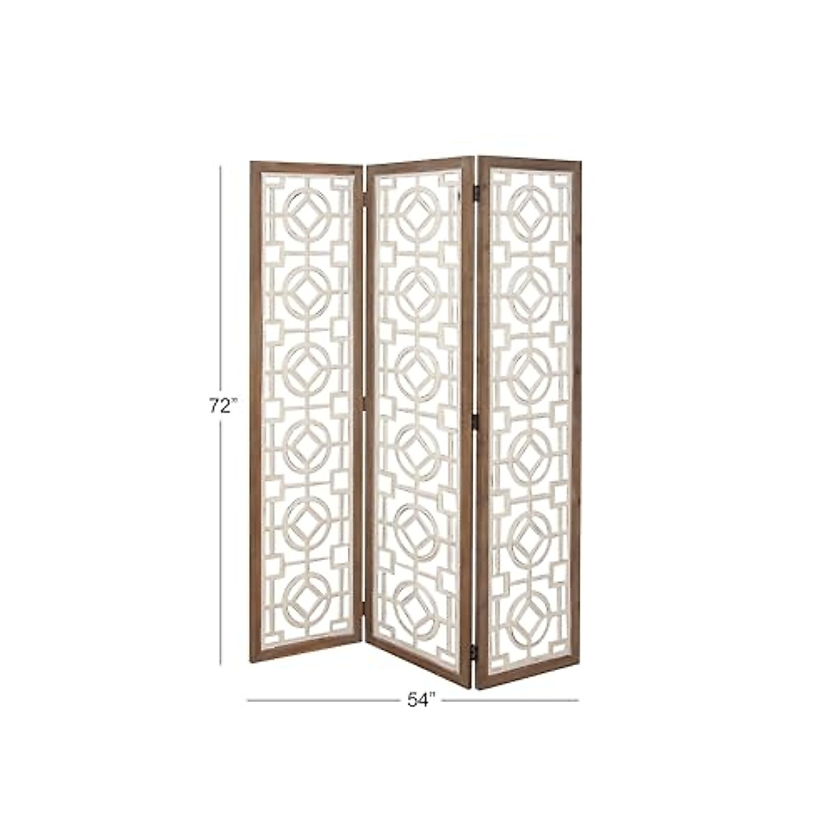 Deco 79 Wood Geometric Partition Room Divider Screen Hinged Foldable Partition 3 Panel Privacy Screen with Intricately Carved Designs, Room Partition 54" x 1" x 72", White