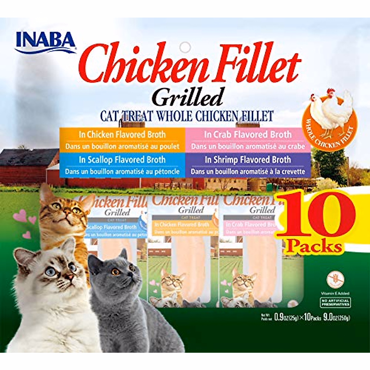 INABA Natural, Premium Hand-Cut Grilled Chicken Fillet Cat Treats/Topper/Complement with Vitamin E and Green Tea Extract, 0.9 Ounces Each, Pack of 10, Variety Pack