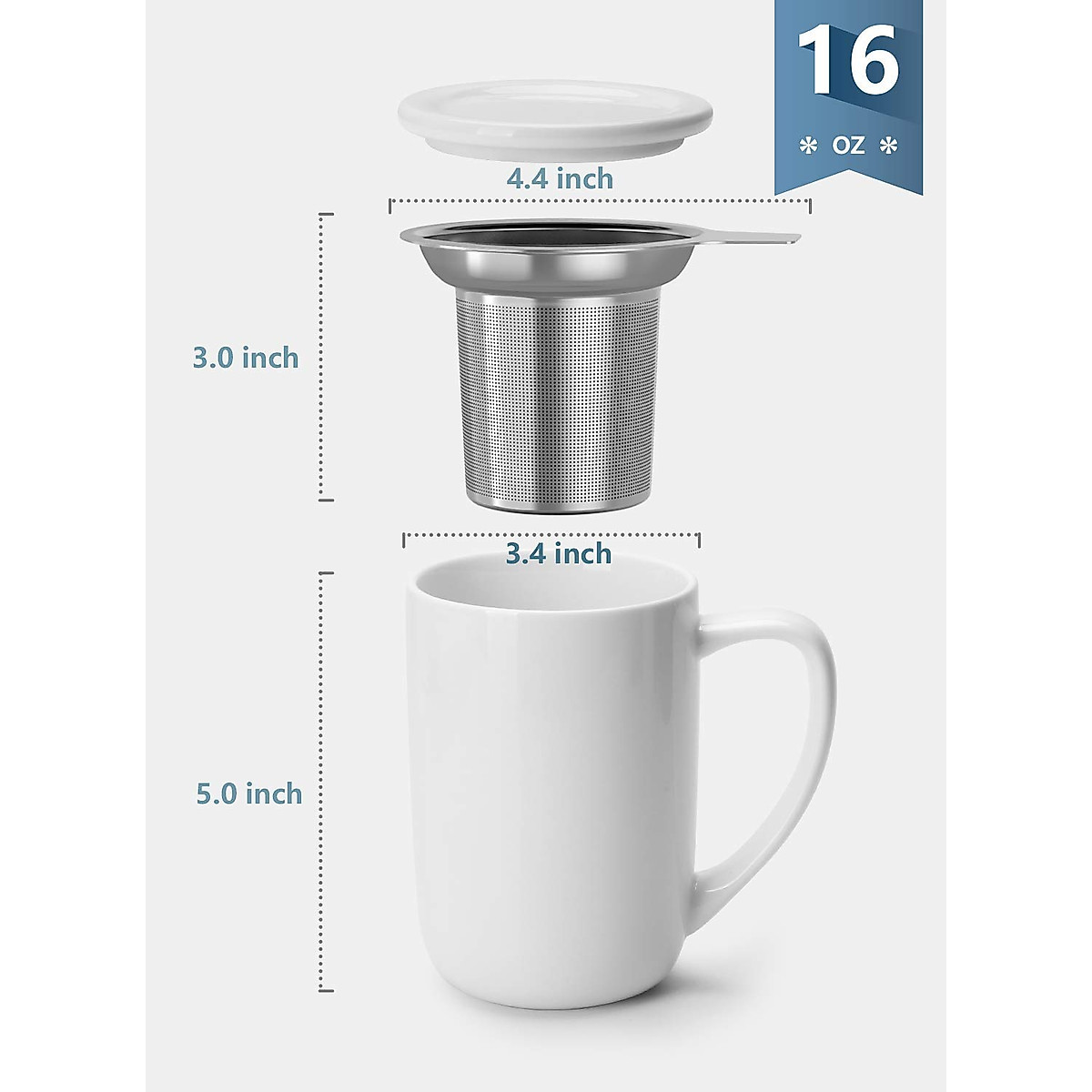 Sweese 16 OZ Porcelain Tea Mug with Infuser and Lid, Loose Leaf Tea Cup, Gifts for Tea Lover, White