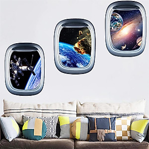 Quanhaigou Galaxy Wall Decals, Set of 3 Space Capsule Planet Fake Window Sticker 3D Outer Space Mural Wall Decal for Bedroom Living Room Kids Room Home Decor