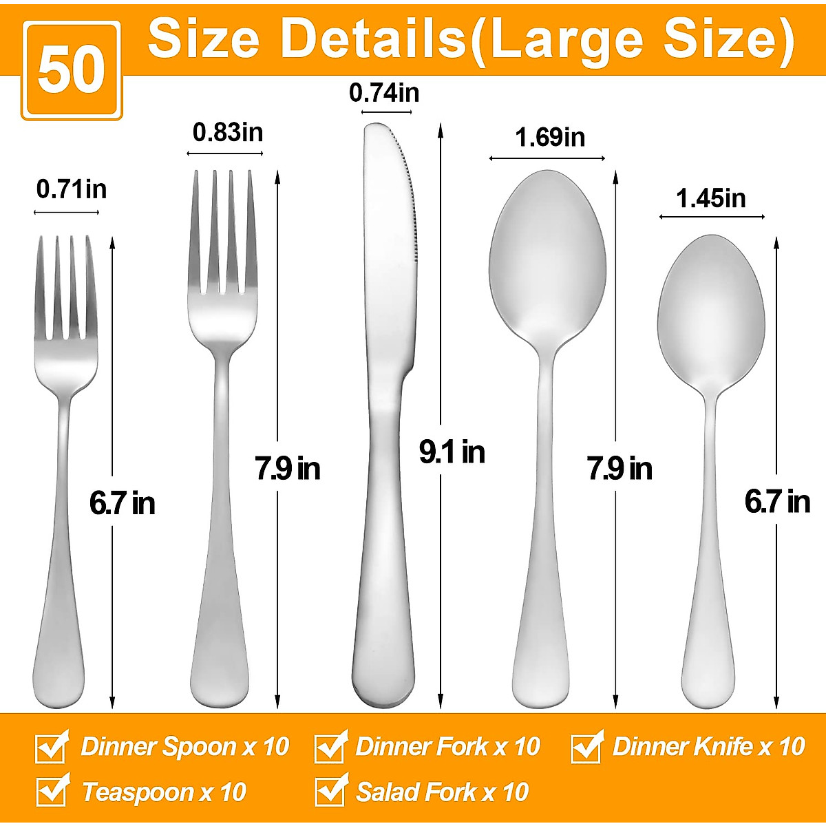 Lazycorner 50 Pcs Silverware Set for 10, Food Grade Stainless Steel Flatware Set Include Fork/Knife/Spoon, Mirror Polished Eating Utensils Sets, Reusable Silverwear Cutlery Set, Dishwasher Safe