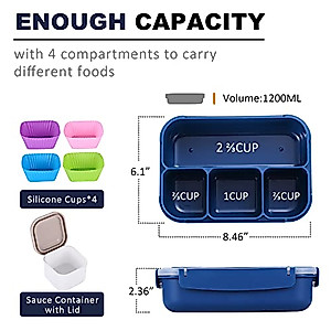 QQKO Bento Box Adult Lunch Box, Lunch Containers for Adults, 1200 ML Food Container With 4 Compartments, Including 4 Muffin Cups, Utensils Set, Sauce Jar, Leak-Proof, Microwave, Dishwasher Safe, Blue
