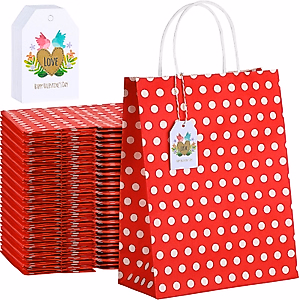 Zonon 25 Pieces Kraft Paper Bags with Tags Red Kraft Paper Bags with Handles, Red Polka Dot Paper Bags with Handles Valentines Favor Bags, Paper Present Bags for Valentines Day Party Supplies