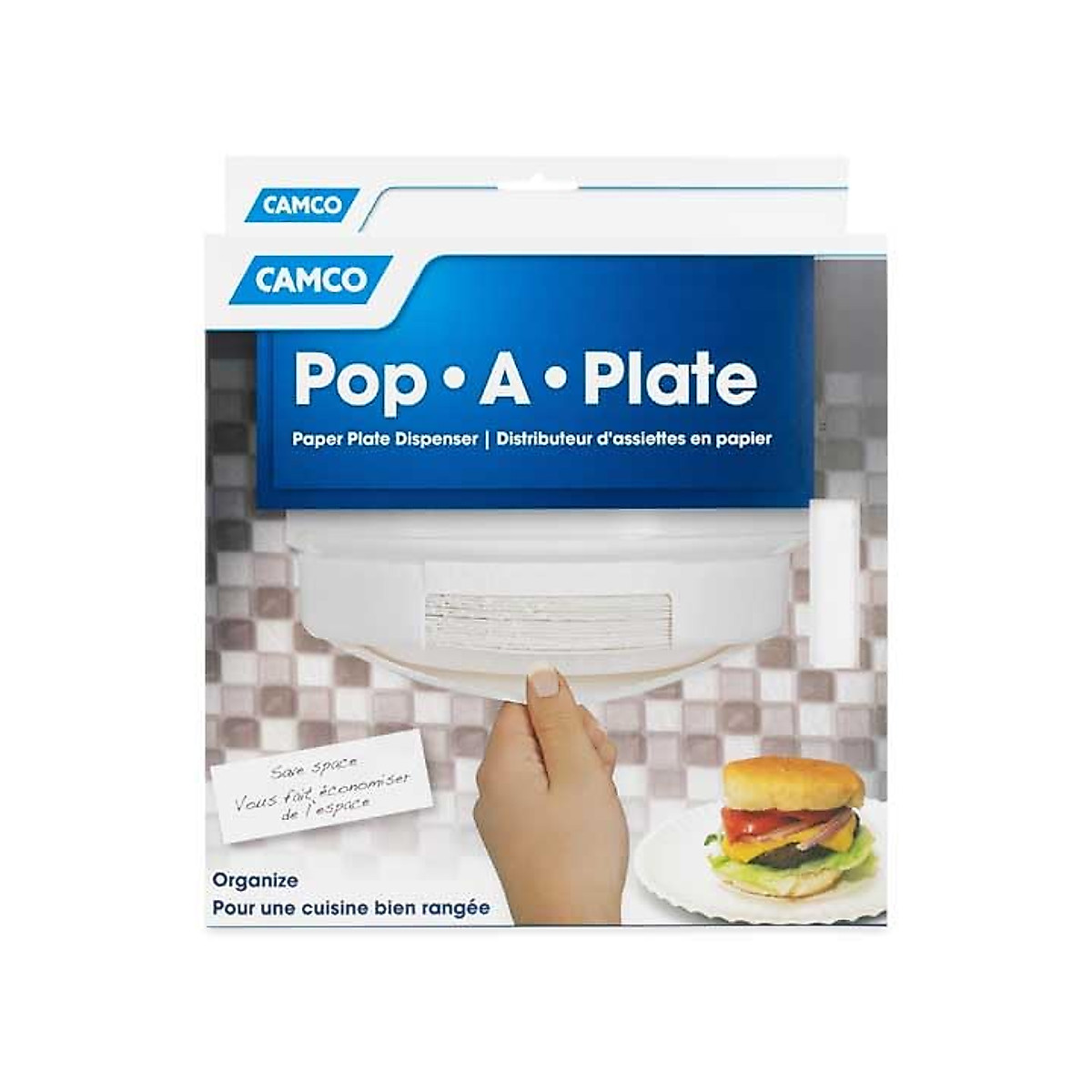 Camco 9-inch Pop-A-Plate Plastic Plate Dispenser | Ideal for Compact Spaces, RVs and Trailers | Mounts Under Cabinets or Shelves | White (57001)