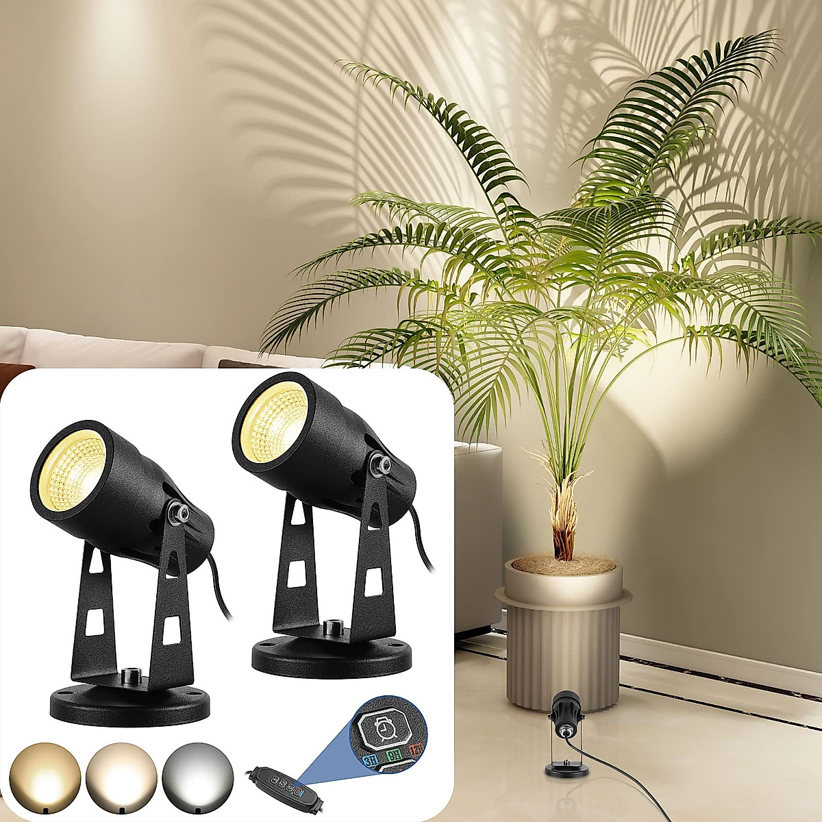 Junview 2 Pack LED Spot Lights Indoor 3000K/4000K/6000K Adjustable Up Lights Indoor 3W Dimmable Floor Spotlight for Plants Uplighting Indoor with Auto On/Off Timer for Pictures Artwork Accent Lighting