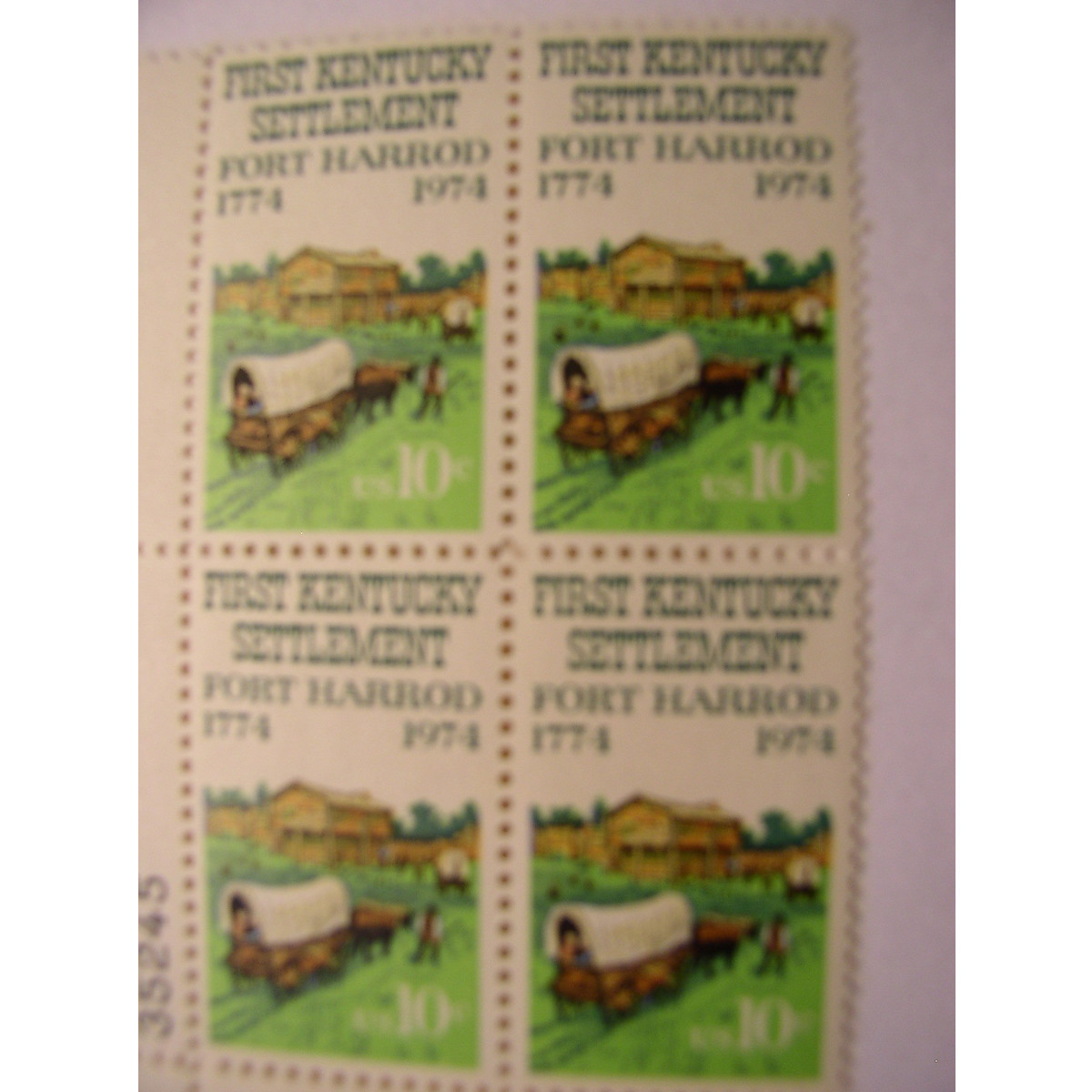 US Postage Stamps, 1974, Fort Harrod, First Kentucky Settlement, S# 1542, Plate Block of 4 10 Cent Stamps