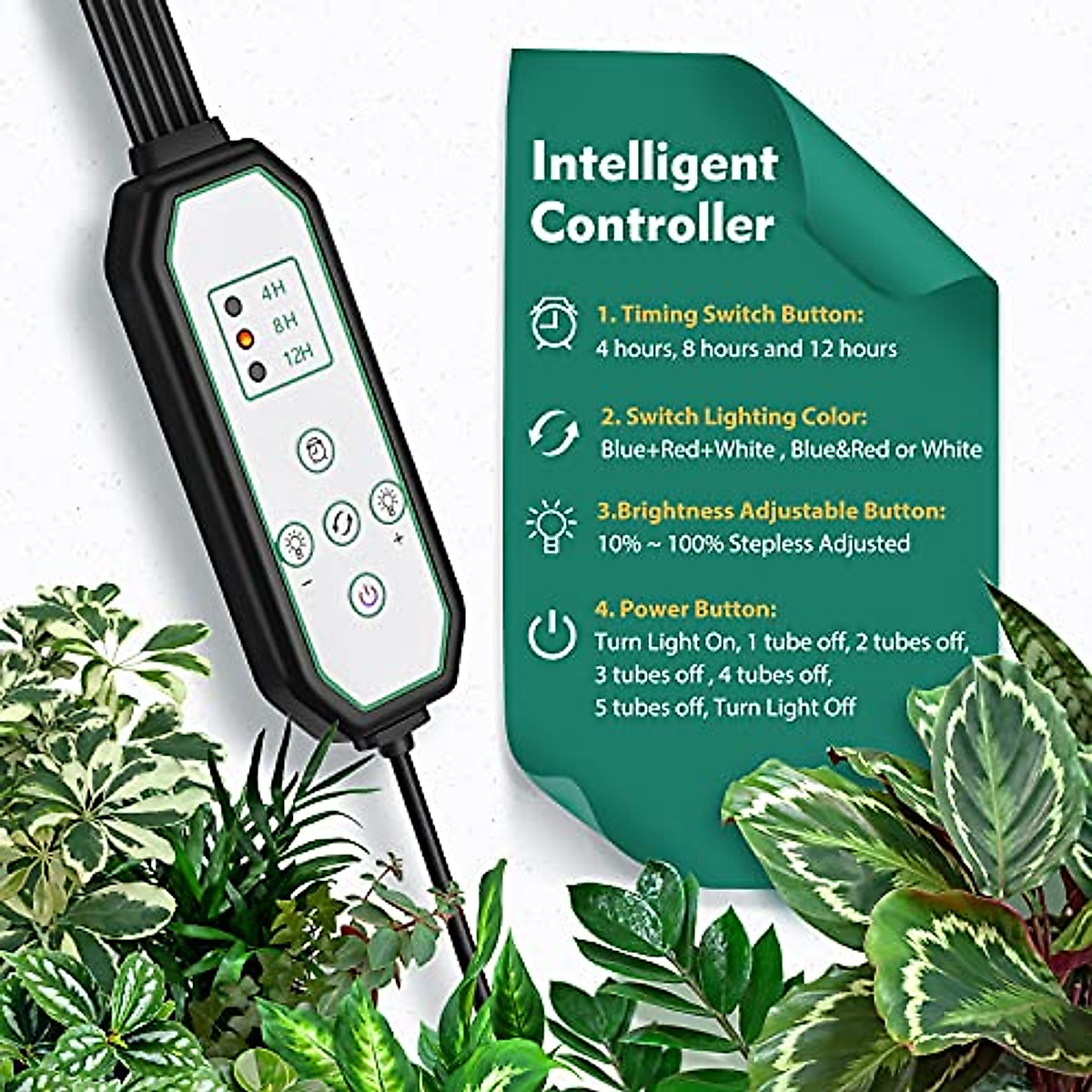 AMBOR Grow Lights for Indoor Plants with Stand, [5-Heads] Floor Plant Light, 150W Full Spectrum LED Plant Grow Lamp with 4 8 12H Timer, 10 Dimmable Brightness, Remote Control and Auto ON/Off