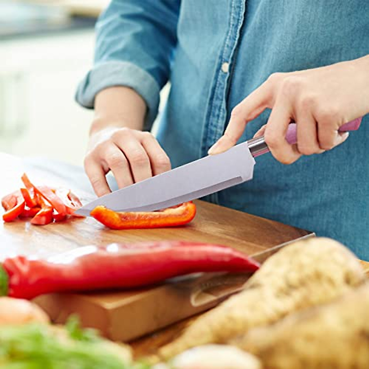 Kitchen Knife Set, Retrosohoo 7-Pieces Pink Non-stick Chef Knife Set with Storage Block, PP Handle Ultra Sharp Stainless Steel Cooking Knives with Gift Box for Girls Women (Pink)