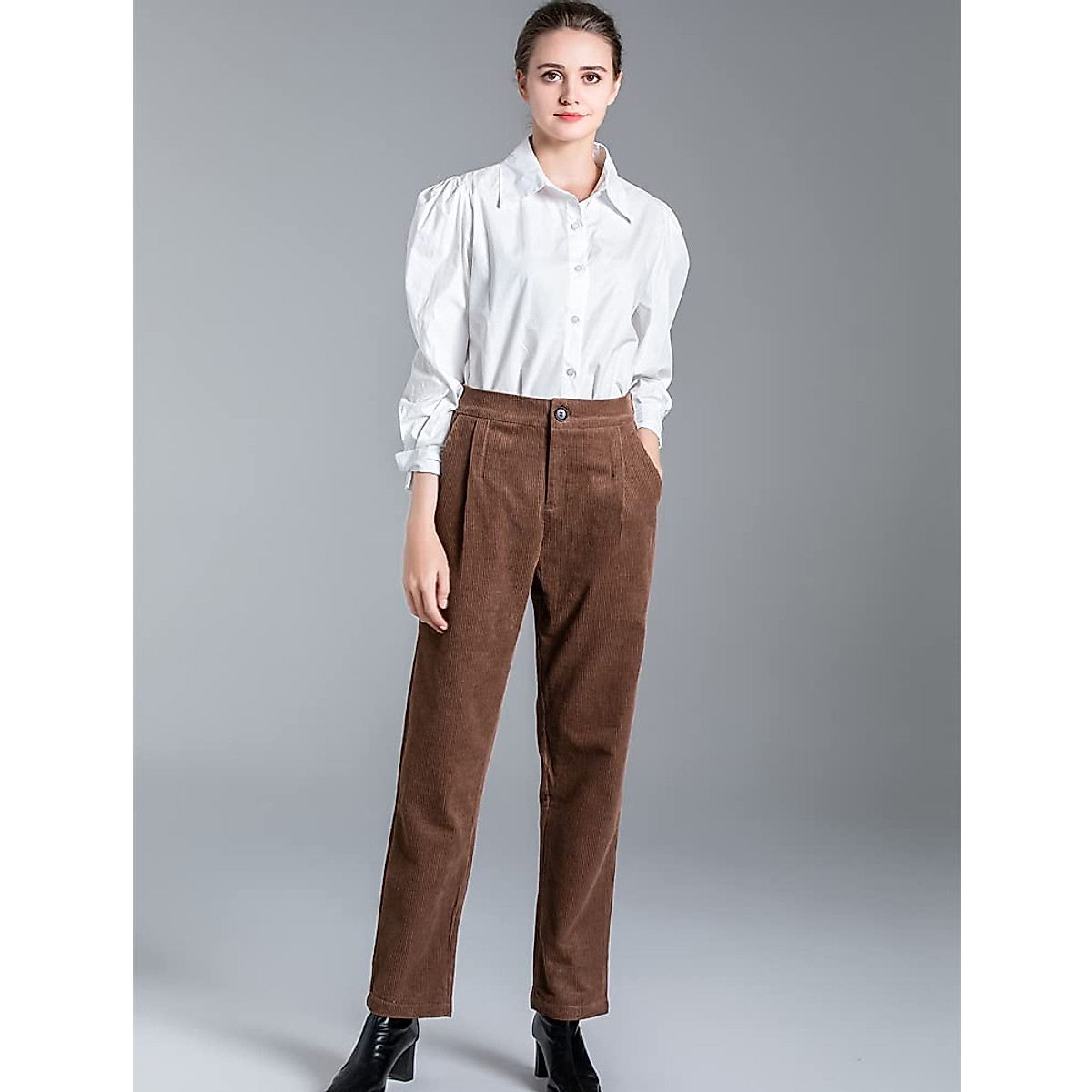 Minibee Women's Cropped Corduroy Pants Elastic Waist Retro Trouser with Pockets Brown