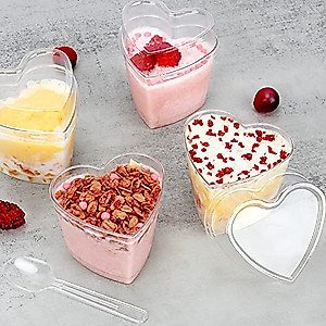 HawHawToys 60 Pack Dessert Cups with Lids and Spoons, 5 oz Heart Shaped Clear Plastic Appetizer Parfait cups for Mother's Day Gift, Wedding, Bridal Shower
