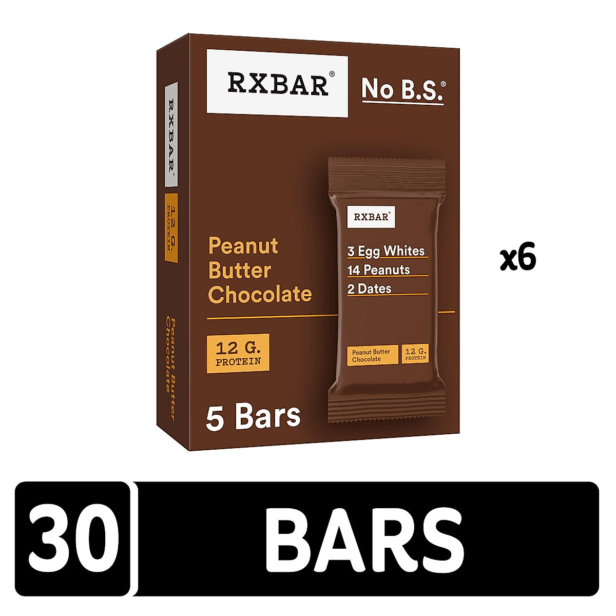 RXBAR Protein Bars, 12g Protein, Gluten Free Snacks, Peanut Butter Chocolate (6 Boxes, 30 Bars)