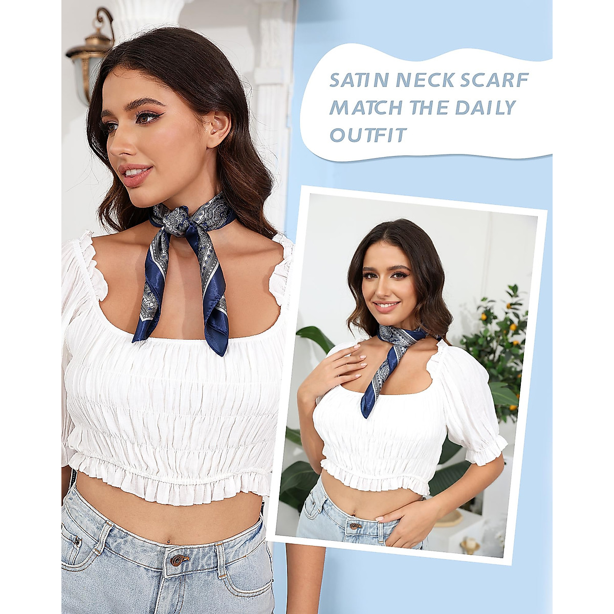 AWAYTR 23 Inches Satin Head Scarves for Women 4PCS Square Silk Like Hair Scarves Silk Hair Bandanas (Cashews (dark blue/red/light blue/khaki)