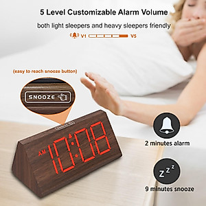 DreamSky Wooden Digital Alarm Clocks for Bedrooms - Electric Desk Clock with Large Numbers, USB Port, Battery Backup Alarm, Adjustable Volume, Dimmer, Snooze, DST, 12/24H, Living Room Wood Décor (Red)