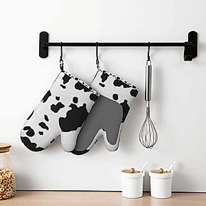 Pattern of Dairy Cow Skin Heat and Slip Resistant Silicone Oven Mitts, Soft Cotton Lining, Waterproof, Long Flexible Thick Gloves for Cooking