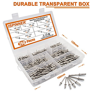 ISPINNER 260pcs Stainless Steel Blind Rivets, 7 Sizes Pop Rivets Assortment Kit