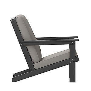 BizChair Adirondack Style Deep Seat Patio Club Chair with Cushions - Black Poly Resin Frame - Cream All-Weather Cushions - Indoor/Outdoor