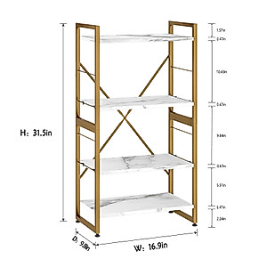 Azheruol 4 Tiers Bookshelf Adjustable White Faux Marble Organizer, Modern Small Bookcase for Small Space,Industrial Wooden Storage Display Rack and Storage Organizer for Living Room Home Office(Glod)