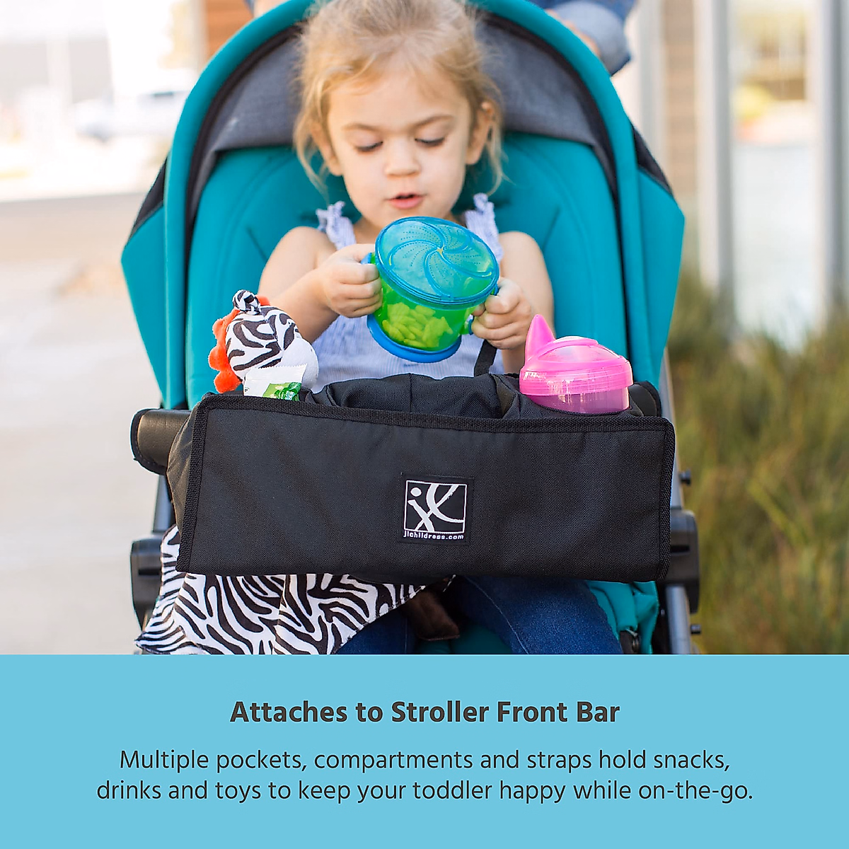 J.L. Childress Food 'N Fun Universal Stroller Snack Tray - Cup Holder, No-Throw Strap, Toy Loops - Removable Stroller Snack Tray - Black