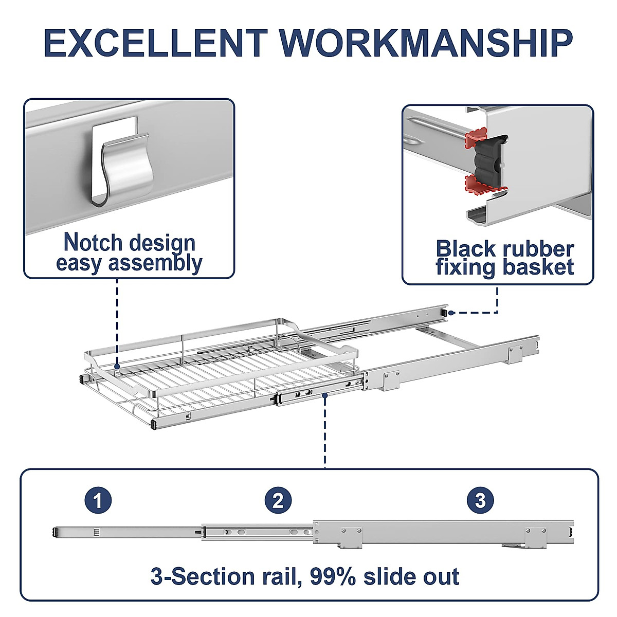 Amazer Pull Out Cabinet Organizer, 14.2" W×20" D Pull Out Drawers for Kitchen Cabinets, Heavy Duty Sturdy Metal Cabinet Pull Out Shelves, Full Slide Out Cabinet Drawer Organizer - Chrome